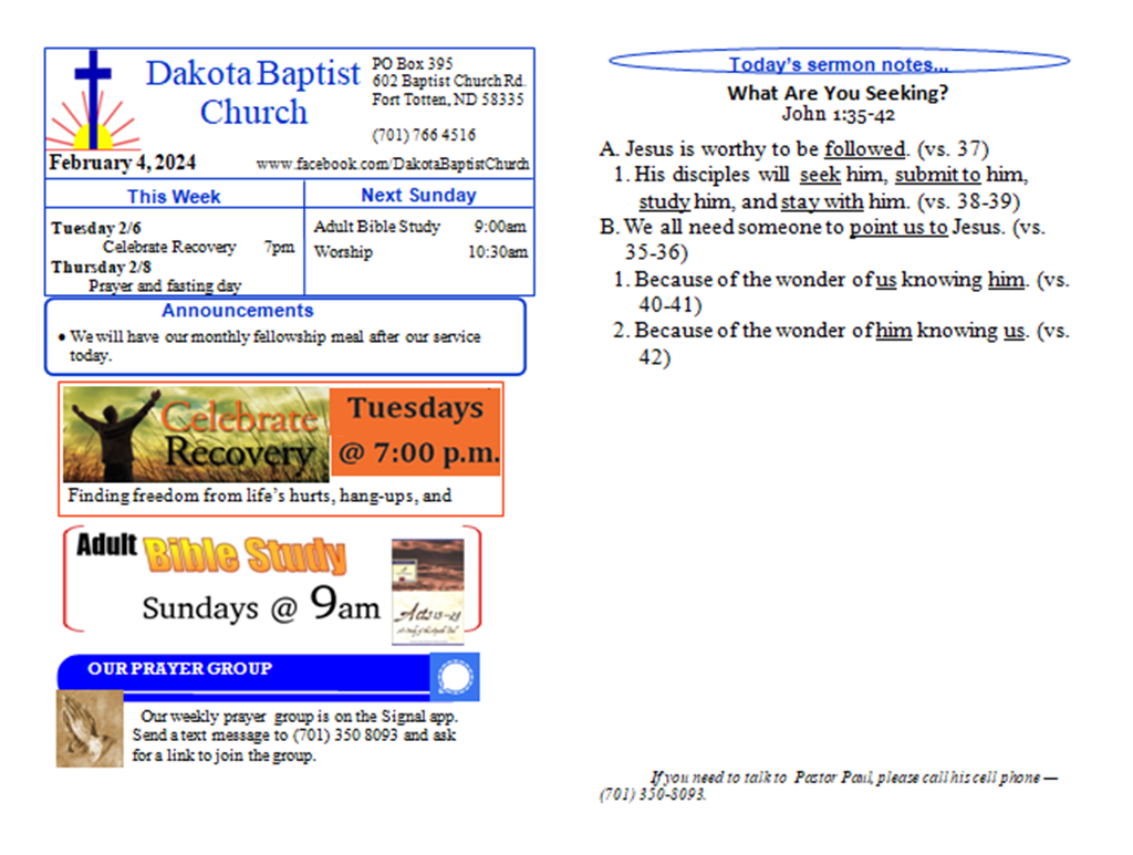 Sunday, February 4, 2024 – Dakota Baptist Church