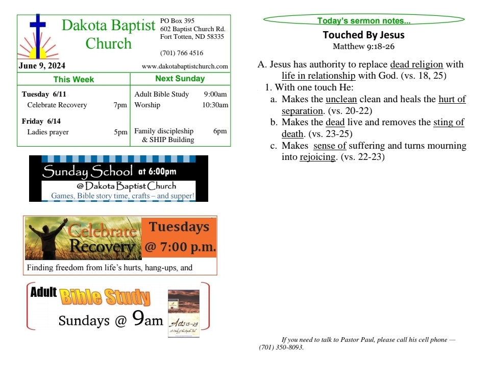 Sunday, June 9, 2024 – Dakota Baptist Church