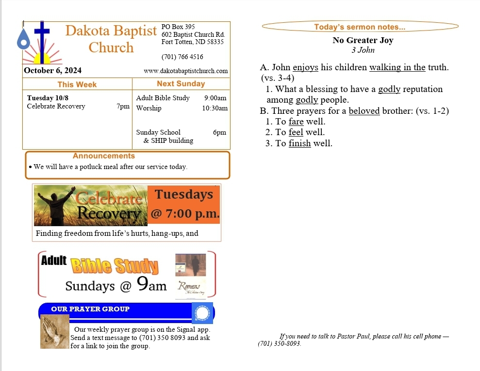 Sunday, October 6, 2024 – Dakota Baptist Church