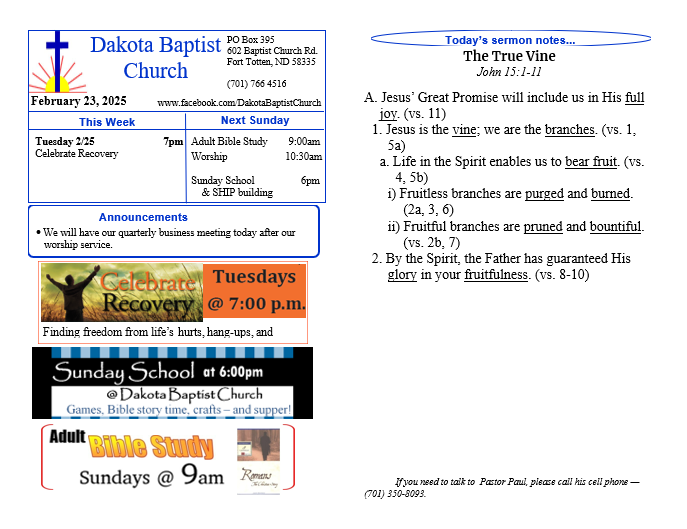 Sunday, February 23, 2025 – Dakota Baptist Church